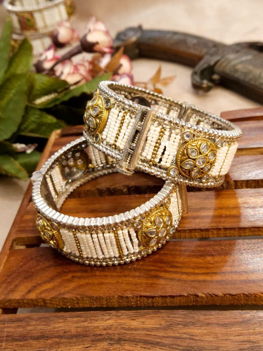 Buy Dual Tone Openable White Stones and Pearls Bangles Set Online – The ...
