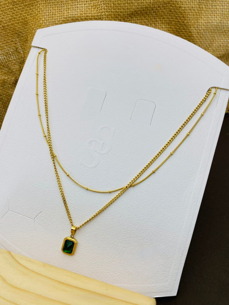 Buy Green Stone Rectangular Pendant Golden Double Chain Necklace – The ...