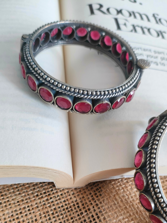 Buy Ruby Red Round Stone German Silver Oxidised Bangle – The Jewelbox