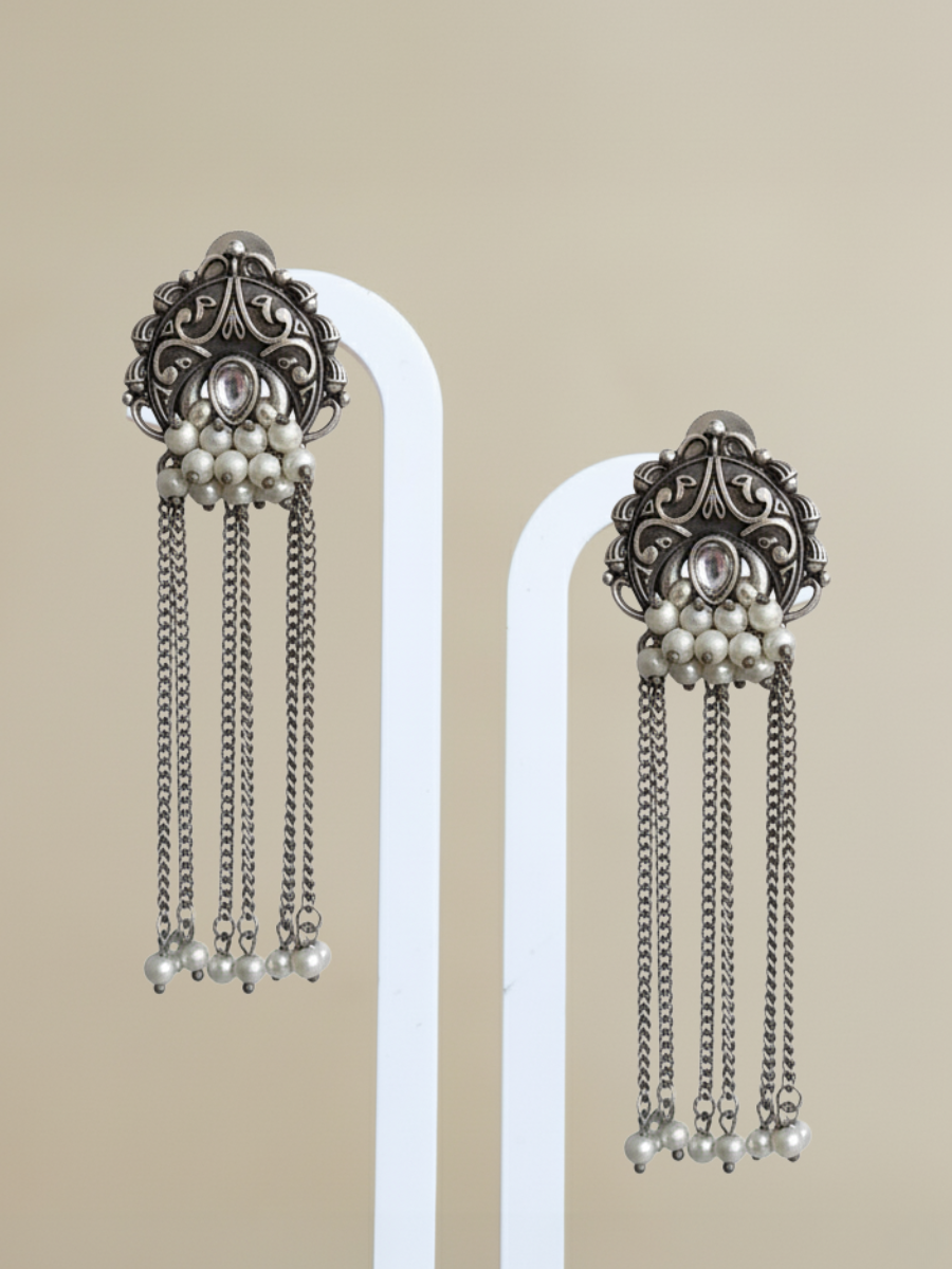 Buy Stylish Oxidised Silver Long Chain Drop Pearl Earrings Online – The ...